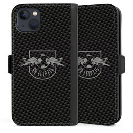 DeinDesign iPhone 13 Handy Klapph&uuml;lle Handyh&uuml;lle aus Kunst Leder schwarz Flip Case Rb Leipzig Carbon Metallic Look Sideflip mit Lasche