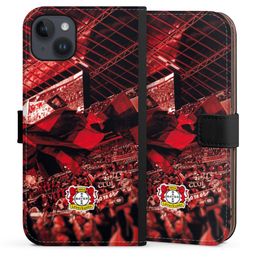 DeinDesign iPhone 14 Plus Handy Klapph&uuml;lle Handyh&uuml;lle aus Kunst Leder schwarz Flip Case Merchandise Official Licensed Product Bayer 04 Leverkusen Sideflip mit 