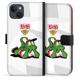 DeinDesign iPhone 14 Plus Handy Klapph&uuml;lle Handyh&uuml;lle aus Kunst Leder schwarz Flip Case Vfb Stuttgart Mascot Official Licensed Product Sideflip mit langer Lasche