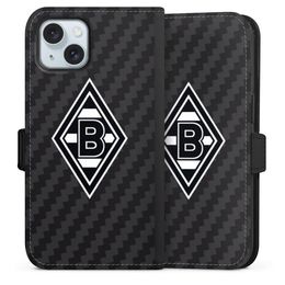 DeinDesign iPhone 15 Handy Klapph&uuml;lle Handyh&uuml;lle aus Kunst Leder schwarz Flip Case Borussia M&ouml;nchengladbach Carbon Gladbach Sideflip mit Lasche