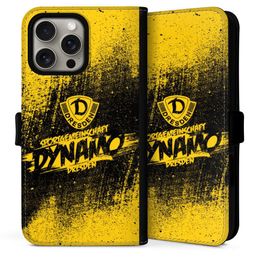 DeinDesign iPhone 16 Pro Handy Klapph&uuml;lle Handyh&uuml;lle aus Kunst Leder schwarz Flip Case Logo Official Licensed Product Sg Dynamo Dresden Sideflip mit Lasche