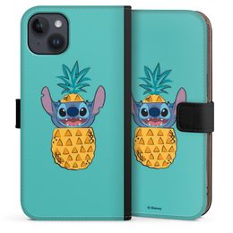 DeinDesign iPhone 14 Plus Handy Klapph&uuml;lle Handyh&uuml;lle aus Kunst Leder schwarz Flip Case Disney Lilo & Stitch Pineapple Sideflip mit langer Lasche