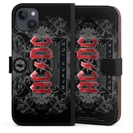 DeinDesign iPhone 14 Plus Handy Klapph&uuml;lle Handyh&uuml;lle aus Kunst Leder schwarz Flip Case Merchandise Black Ice Acdc Sideflip mit langer Lasche