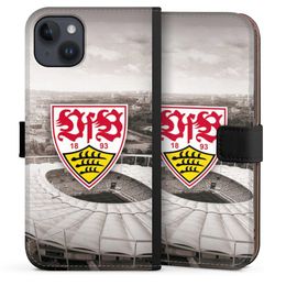 DeinDesign iPhone 14 Plus Handy Klapph&uuml;lle Handyh&uuml;lle aus Kunst Leder schwarz Flip Case Official Licensed Product Vfb Stuttgart Stadium Sideflip mit langer 