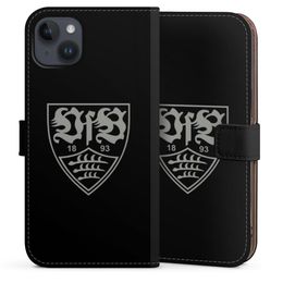 DeinDesign iPhone 14 Plus Handy Klapph&uuml;lle Handyh&uuml;lle aus Kunst Leder schwarz Flip Case Official Licensed Product Vfb Stuttgart Logo Sideflip mit langer Lasche