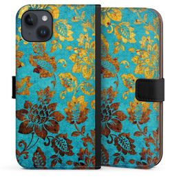 DeinDesign iPhone 14 Plus Handy Klapph&uuml;lle Handyh&uuml;lle aus Kunst Leder schwarz Flip Case Flowers Vintage Ornament Sideflip mit langer Lasche
