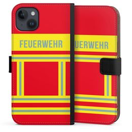 DeinDesign iPhone 14 Plus Handy Klapph&uuml;lle Handyh&uuml;lle aus Kunst Leder schwarz Flip Case Fire Fighters Life Saver Fire Fighter Sideflip mit langer Lasche