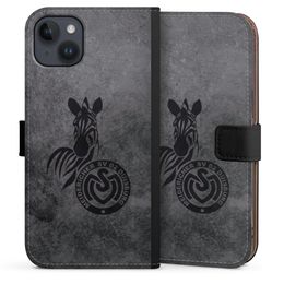 DeinDesign iPhone 14 Plus Handy Klapph&uuml;lle Handyh&uuml;lle aus Kunst Leder schwarz Flip Case Official Licensed Product Msv Duisburg Zebra Sideflip mit langer Lasche
