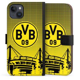 DeinDesign iPhone 14 Plus Handy Klapph&uuml;lle Handyh&uuml;lle aus Kunst Leder schwarz Flip Case Bvb Stadium Borussia Dortmund Sideflip mit langer Lasche