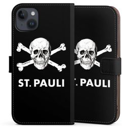 DeinDesign iPhone 14 Plus Handy Klapph&uuml;lle Handyh&uuml;lle aus Kunst Leder schwarz Flip Case Totenkopf Fc St. Pauli Official Licensed Product Sideflip mit langer 