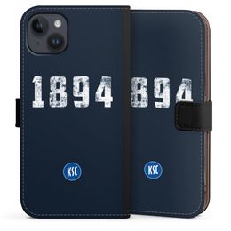 DeinDesign iPhone 14 Plus Handy Klapph&uuml;lle Handyh&uuml;lle aus Kunst Leder schwarz Flip Case Karlsruher Sc Ksc Bundesliga Sideflip mit langer Lasche