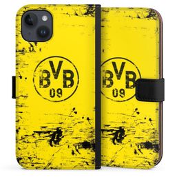 DeinDesign iPhone 14 Plus Handy Klapph&uuml;lle Handyh&uuml;lle aus Kunst Leder schwarz Flip Case Bvb Official Licensed Product Borussia Dortmund Sideflip mit langer 