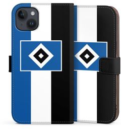 DeinDesign iPhone 14 Plus Handy Klapph&uuml;lle Handyh&uuml;lle aus Kunst Leder schwarz Flip Case Stripes Hamburger Sv Hsv Sideflip mit langer Lasche
