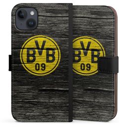 DeinDesign iPhone 14 Plus Handy Klapph&uuml;lle Handyh&uuml;lle aus Kunst Leder schwarz Flip Case Wooden Look Bvb Borussia Dortmund Sideflip mit langer Lasche