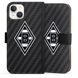 DeinDesign iPhone 14 Handy Klapph&uuml;lle Handyh&uuml;lle aus Kunst Leder schwarz Flip Case Borussia M&ouml;nchengladbach Carbon Gladbach Sideflip mit Lasche