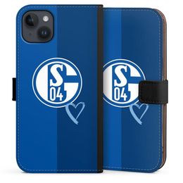 DeinDesign iPhone 14 Plus Handy Klapph&uuml;lle Handyh&uuml;lle aus Kunst Leder schwarz Flip Case Heart Schalke 04 Fc Schalke 04 Sideflip mit langer Lasche