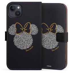 DeinDesign iPhone 14 Plus Handy Klapph&uuml;lle Handyh&uuml;lle aus Kunst Leder schwarz Flip Case Minnie Mouse Muster Disney Sideflip mit langer Lasche