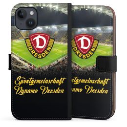 DeinDesign iPhone 14 Plus Handy Klapph&uuml;lle Handyh&uuml;lle aus Kunst Leder schwarz Flip Case Sg Dynamo Dresden Sgd Official Licensed Product Sideflip mit langer 