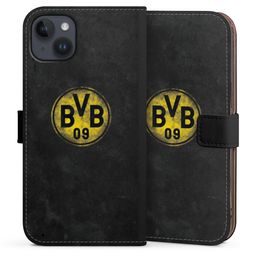DeinDesign iPhone 14 Plus Handy Klapph&uuml;lle Handyh&uuml;lle aus Kunst Leder schwarz Flip Case Bvb Borussia Dortmund Merchandise Sideflip mit langer Lasche