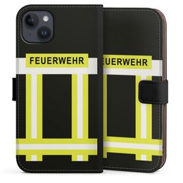 DeinDesign iPhone 14 Plus Handy Klapph&uuml;lle Handyh&uuml;lle aus Kunst Leder schwarz Flip Case Fire Fighters Job Fire Fighter Sideflip mit langer Lasche