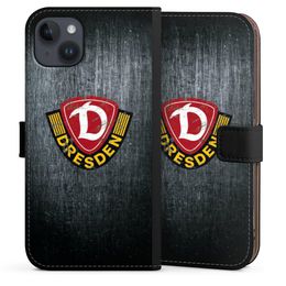 DeinDesign iPhone 14 Plus Handy Klapph&uuml;lle Handyh&uuml;lle aus Kunst Leder schwarz Flip Case Sgd Official Licensed Product Sg Dynamo Dresden Sideflip mit langer 