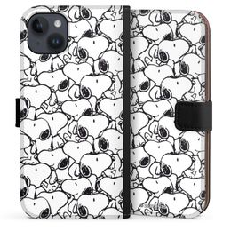 DeinDesign iPhone 14 Plus Handy Klapph&uuml;lle Handyh&uuml;lle aus Kunst Leder schwarz Flip Case Peanuts Snoopy Muster Sideflip mit langer Lasche