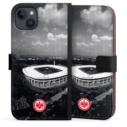 DeinDesign iPhone 14 Plus Handy Klapph&uuml;lle Handyh&uuml;lle aus Kunst Leder schwarz Flip Case Eintracht Frankfurt Sge Stadium Sideflip mit langer Lasche