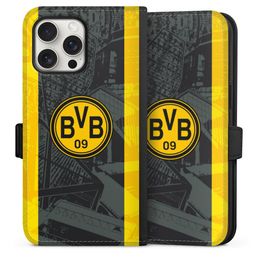 DeinDesign iPhone 15 Pro Max Handy Klapph&uuml;lle Handyh&uuml;lle aus Kunst Leder schwarz Flip Case Bvb Borussia Dortmund Stadium Sideflip mit Lasche