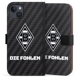 DeinDesign iPhone 14 Plus Handy Klapph&uuml;lle Handyh&uuml;lle aus Kunst Leder schwarz Flip Case Borussia M&ouml;nchengladbach Carbon Gladbach Sideflip mit langer Lasche