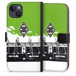 DeinDesign iPhone 14 Plus Handy Klapph&uuml;lle Handyh&uuml;lle aus Kunst Leder schwarz Flip Case Merchandise Borussia M&ouml;nchengladbach Stadium Sideflip mit langer Lasche