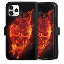 DeinDesign iPhone 11 Pro Handy Klapph&uuml;lle Handyh&uuml;lle aus Kunst Leder schwarz Flip Case Totenkopf Skull Fire Sideflip mit Lasche