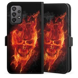 DeinDesign Galaxy A23 5G Handy Klapph&uuml;lle Handyh&uuml;lle aus Kunst Leder schwarz Flip Case Skull Fire Totenkopf Sideflip mit Lasche