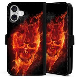 DeinDesign iPhone 16 Plus Handy Klapph&uuml;lle Handyh&uuml;lle aus Kunst Leder schwarz Flip Case Totenkopf Skull Fire Sideflip mit Lasche