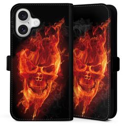 DeinDesign iPhone 16 Handy Klapphülle Handyhülle aus Kunst Leder schwarz Flip Case Fire Totenkopf Skull Sideflip mit Lasche