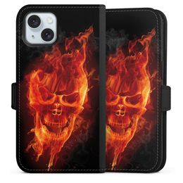 DeinDesign iPhone 15 Handy Klapph&uuml;lle Handyh&uuml;lle aus Kunst Leder schwarz Flip Case Totenkopf Skull Fire Sideflip mit Lasche
