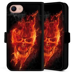 DeinDesign iPhone 16e Handy Klapph&uuml;lle Handyh&uuml;lle aus Kunst Leder schwarz Flip Case Totenkopf Skull Fire Sideflip mit Lasche