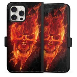 DeinDesign iPhone 15 Pro Max Handy Klapph&uuml;lle Handyh&uuml;lle aus Kunst Leder schwarz Flip Case Totenkopf Skull Fire Sideflip mit Lasche