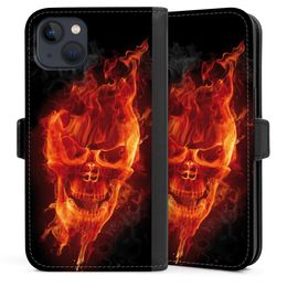 DeinDesign iPhone 13 Handy Klapph&uuml;lle Handyh&uuml;lle aus Kunst Leder schwarz Flip Case Totenkopf Skull Fire Sideflip mit Lasche
