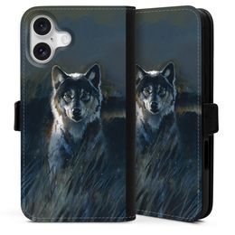DeinDesign iPhone 16 Plus Handy Klapph&uuml;lle Handyh&uuml;lle aus Kunst Leder schwarz Flip Case Wolf Painting Nature Sideflip mit Lasche