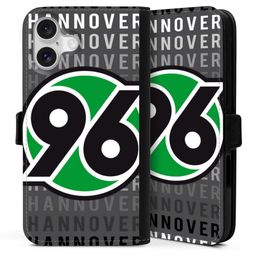 DeinDesign iPhone 16 Plus Handy Klapph&uuml;lle Handyh&uuml;lle aus Kunst Leder schwarz Flip Case H96 Hannover 96 Official Licensed Product Sideflip mit Lasche
