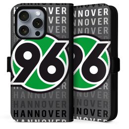 DeinDesign iPhone 16 Pro Max Handy Klapph&uuml;lle Handyh&uuml;lle aus Kunst Leder schwarz Flip Case H96 Hannover 96 Official Licensed Product Sideflip mit Lasche
