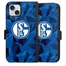 DeinDesign iPhone 15 Handy Klapph&uuml;lle Handyh&uuml;lle aus Kunst Leder schwarz Flip Case Camouflage Fc Schalke 04 Muster Sideflip mit Lasche