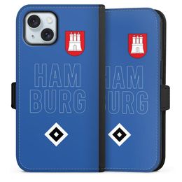 DeinDesign iPhone 15 Handy Klapph&uuml;lle Handyh&uuml;lle aus Kunst Leder schwarz Flip Case Official Licensed Product Hamburg Hamburger Sv Sideflip mit Lasche