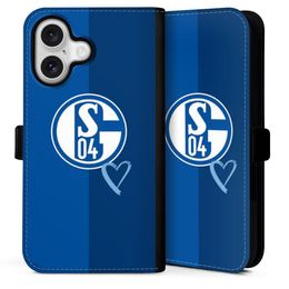 DeinDesign iPhone 16 Handy Klapph&uuml;lle Handyh&uuml;lle aus Kunst Leder schwarz Flip Case Heart Schalke 04 Fc Schalke 04 Sideflip mit Lasche