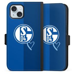 DeinDesign iPhone 15 Handy Klapph&uuml;lle Handyh&uuml;lle aus Kunst Leder schwarz Flip Case Heart Schalke 04 Fc Schalke 04 Sideflip mit Lasche