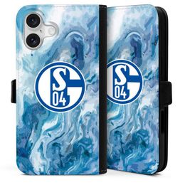 DeinDesign iPhone 16 Plus Handy Klapph&uuml;lle Handyh&uuml;lle aus Kunst Leder schwarz Flip Case Logo Fc Schalke 04 Merchandise Sideflip mit Lasche