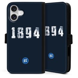 DeinDesign iPhone 16 Plus Handy Klapph&uuml;lle Handyh&uuml;lle aus Kunst Leder schwarz Flip Case Karlsruher Sc Ksc Bundesliga Sideflip mit Lasche