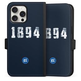 DeinDesign iPhone 15 Pro Max Handy Klapph&uuml;lle Handyh&uuml;lle aus Kunst Leder schwarz Flip Case Karlsruher Sc Ksc Bundesliga Sideflip mit Lasche