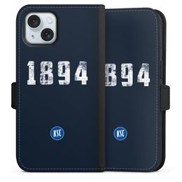 DeinDesign iPhone 15 Handy Klapph&uuml;lle Handyh&uuml;lle aus Kunst Leder schwarz Flip Case Karlsruher Sc Ksc Bundesliga Sideflip mit Lasche
