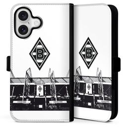 DeinDesign iPhone 16 Handy Klapph&uuml;lle Handyh&uuml;lle aus Kunst Leder schwarz Flip Case Stadium Die Fohlen Borussia M&ouml;nchengladbach Sideflip mit Lasche